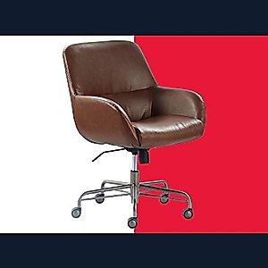 Tommy Hilfiger Forester Luxury Bonded Leather Home Office Chair, Modern Round Swivel Accent Seating, Adjustable Height, Cognac Brown