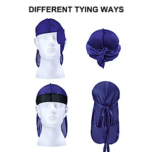 4 Pieces Kids Silky Durag with Wave Caps Set Unisex Baby Durags Long Tail and Wide Strap Headwraps Turban Beanies (Black, Navy Blue)
