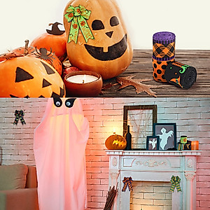 6 Rolls 30 Yards Halloween Wired Edge Ribbons Stripe Burlap Printed Ribbon Spider Web Pumpkin Ribbon Happy Halloween Decorative Wrapping Ribbon for Halloween DIY Craft Floral Bow