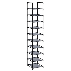 SONGMICS Shoe Rack, 10 Tier Shoe Shelf, Shoe Storage Organizer, Space-Saving, 13 x 13 x 68.1 Inches, Metal Frame, Non-Woven Fabric Shelves, for Entryway, Bedroom, Grey ULSR110G01