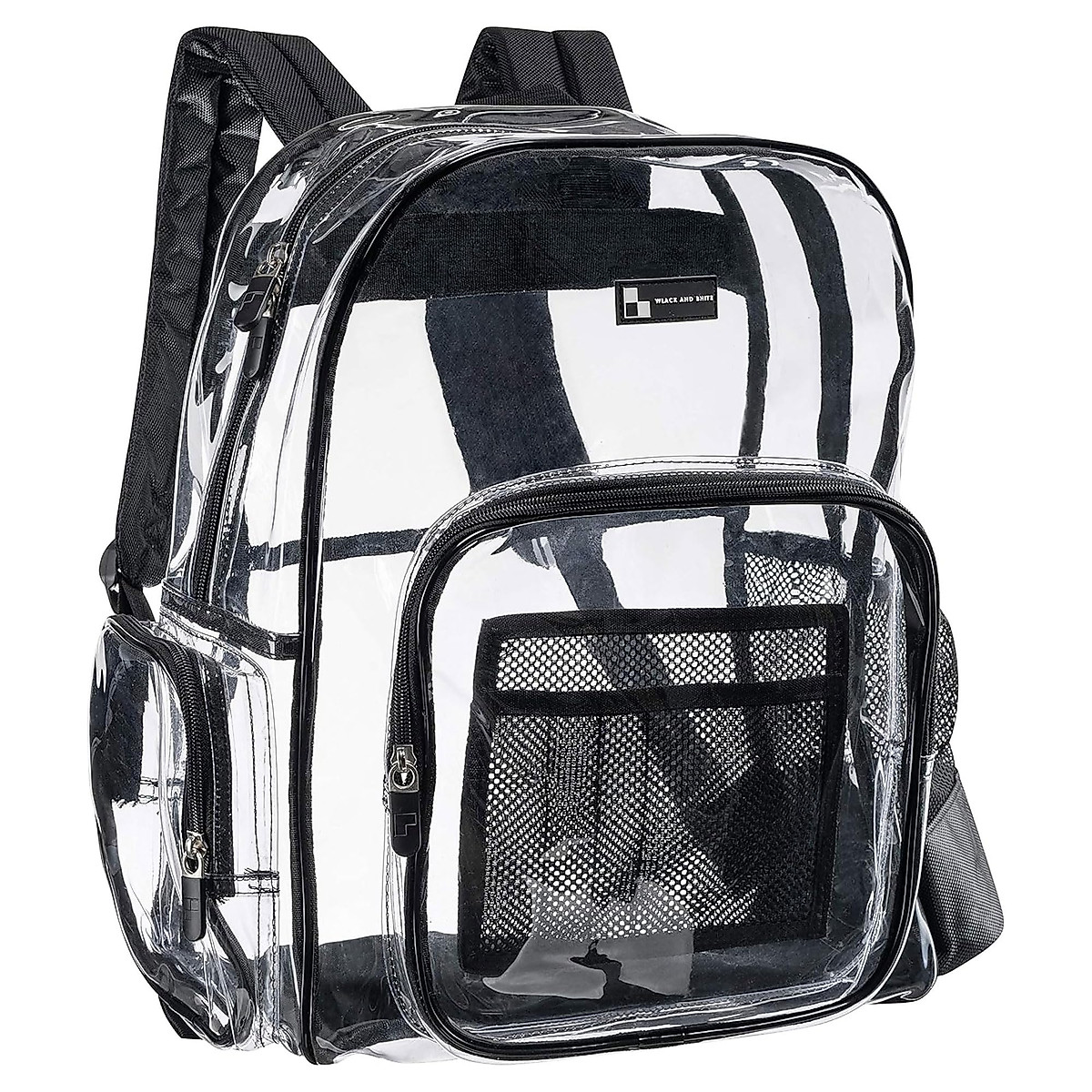 Heavy Duty Clear Backpack with Mesh Organizer, Clear Bookbag (Large, Black)