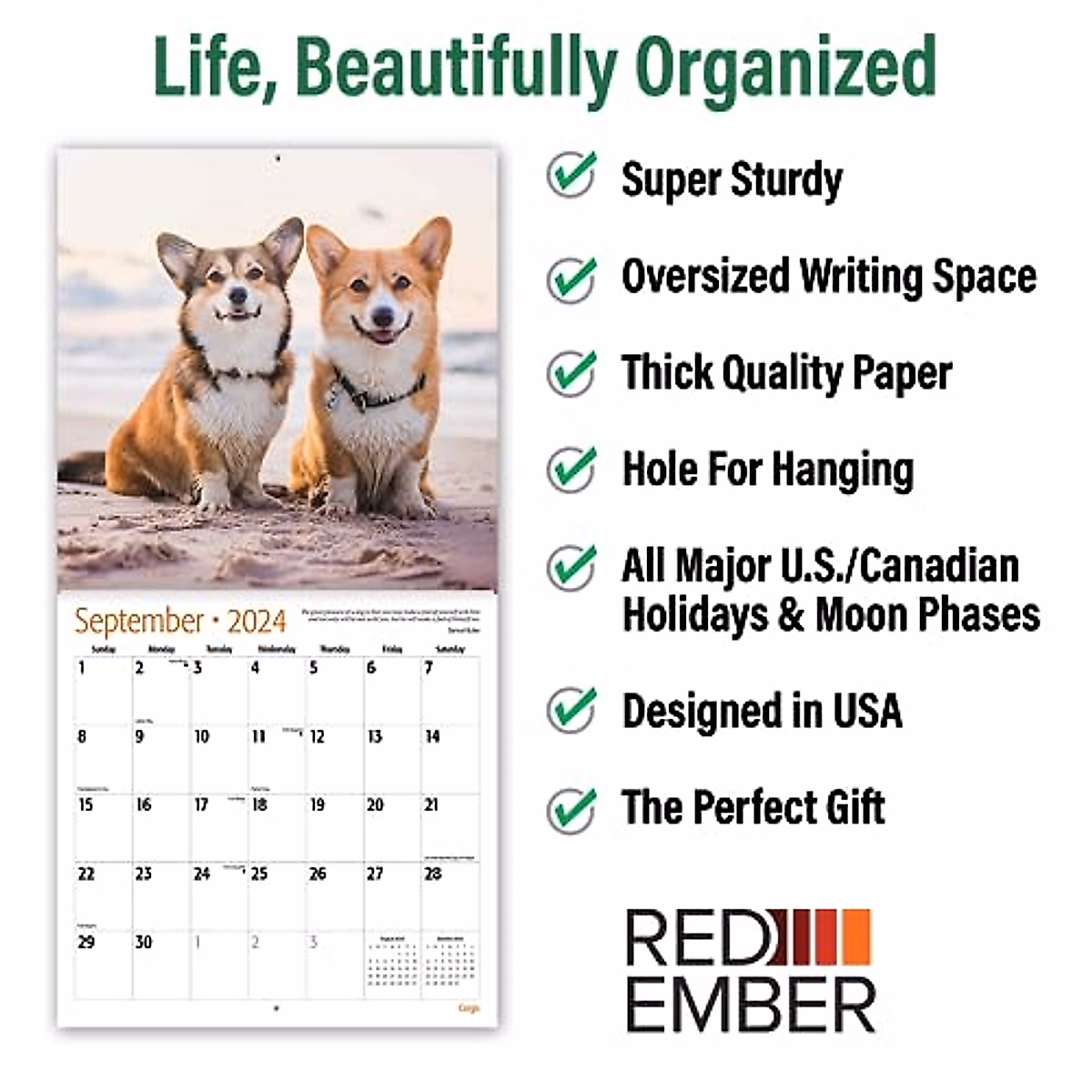 RED EMBER Corgis 2024 Wall Calendar 12 Month | 12" x 24" Open | Thick & Sturdy Paper | Giftable | Calendar 2024
