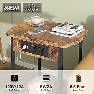 SOOWERY Set of 2 End Tables with Charging Station, Side Tables with USB Ports and Outlets, Nightstands with Storage Shelf for Living Room, Bedroom, Rustic Brown