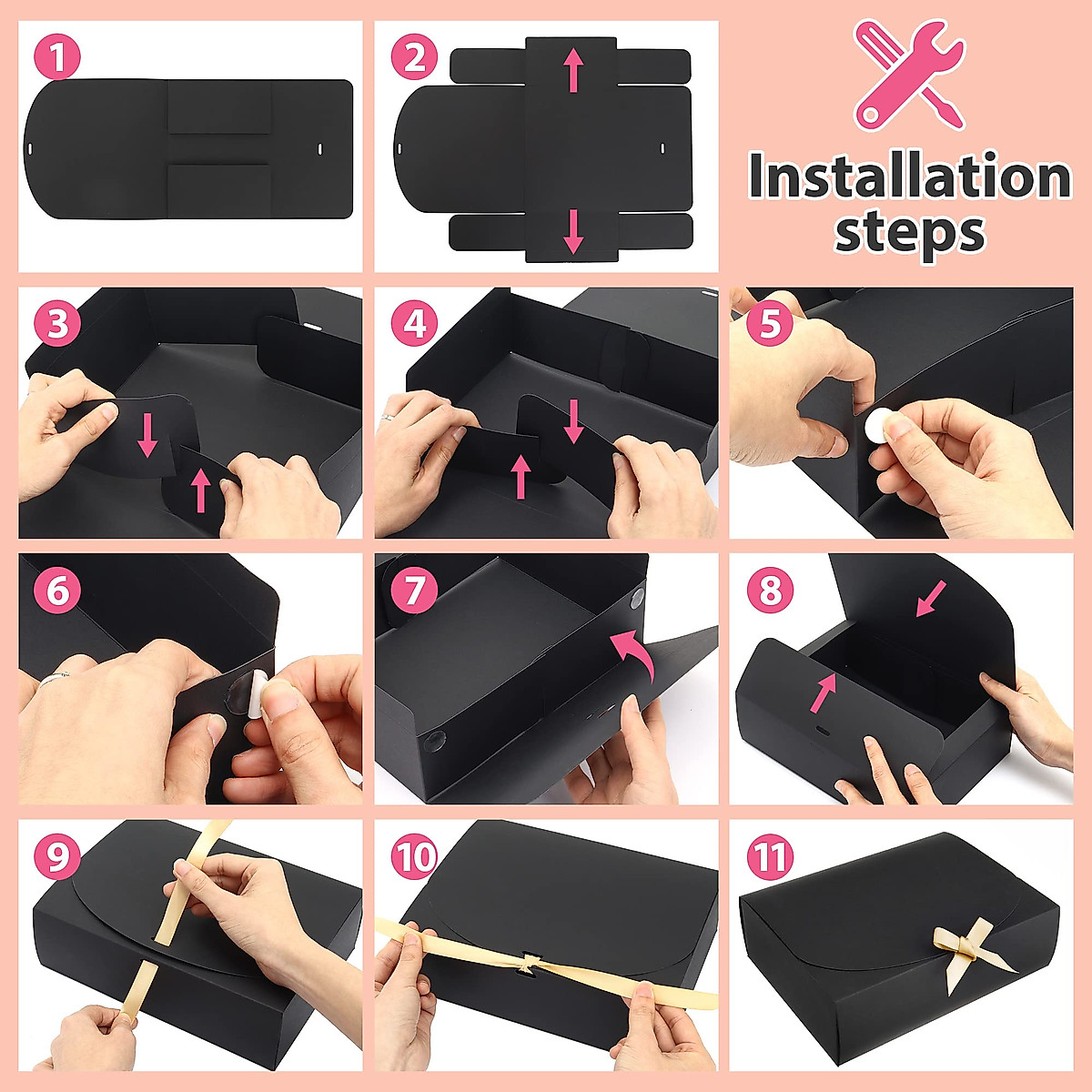 SWANGSA 16 Set Gift Boxes with Lids, 10.6''x8''x3'' Pink Kraft Paper Gift Box, Bridesmaid Proposal Box with Ribbon and 70pcs Adhesive Dots, for Wedding, Packaging, Present, Birthday, Cupcake Boxes