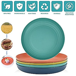 PUPOPIK 9 Inches Unbreakable Wheat Straw Plates - Reusable Plate 4 Set - Dishwasher & Microwave Safe - Dinner Dishes- Healthy BPA Free, Salad Platest - Camping Picnic Plastic Plate for Kids