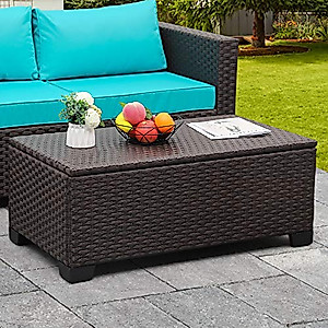 Outdoor Storage Table Wicker Patio Coffee Table All-Weather Rattan Side Table with Waterproof Cover, Brown