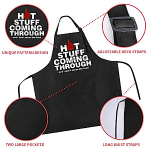 Rosoz Funny BBQ Black Chef Aprons for Men, Hot Stuff Coming Through, Adjustable Kitchen Cooking Aprons with Pocket Waterproof Oil Proof Valentine's Day/Birthday