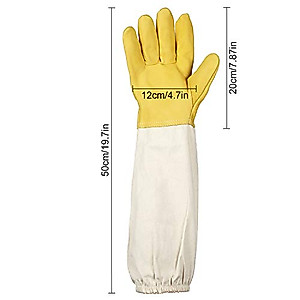 2 Pairs Beekeeping Gloves- Thick Goatskin Leather Beekeeper's Gloves with Ventilated Canvas Long Sleeves Elastic Cuffs Vented Beekeeper Protected Gloves for Beekeepers Hand Protection
