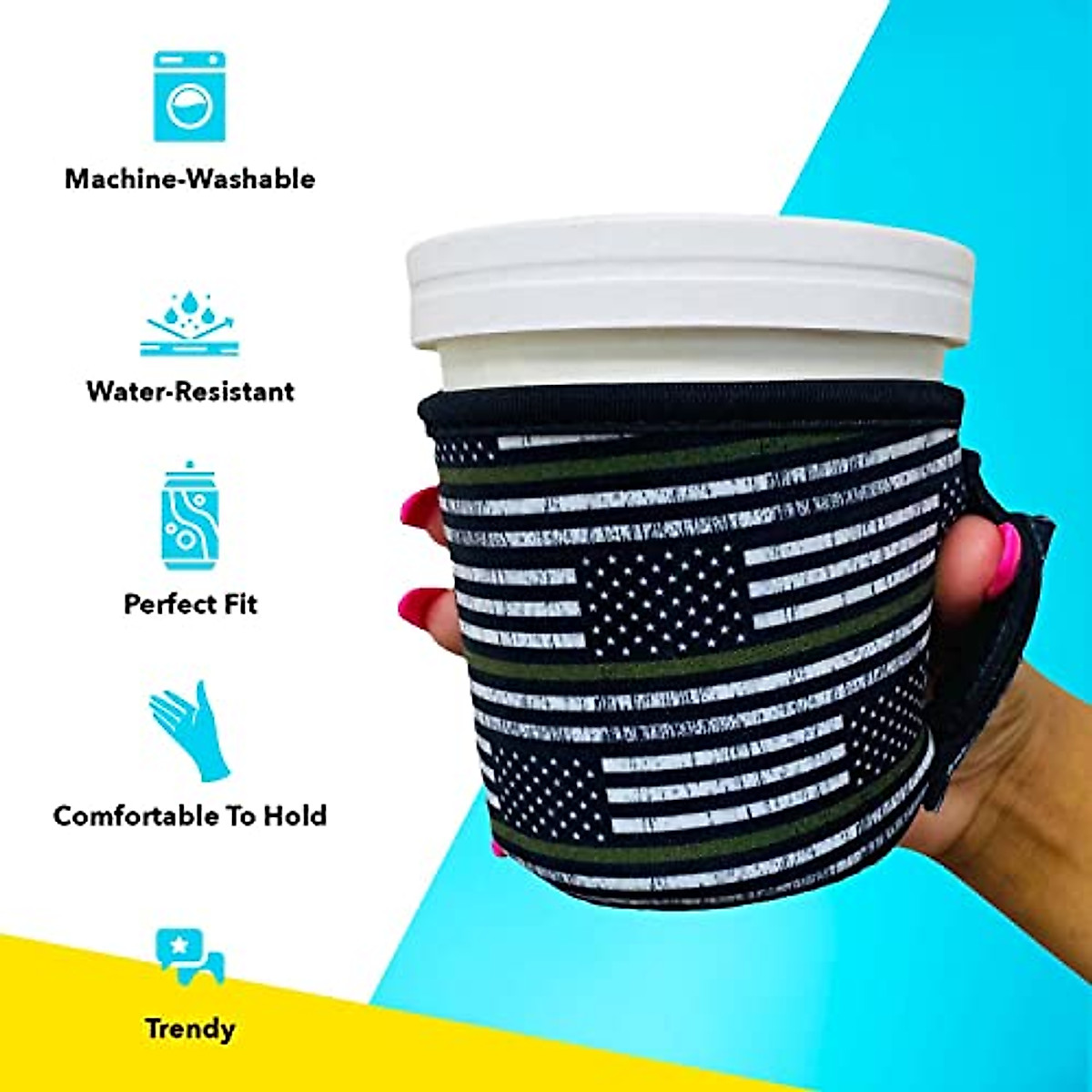 Lit Handlers Ice Cream Cooler Sleeve - Neoprene Ice Cream Pint Holder with Handle and Pocket - Tear Resistant Cooler - Machine Washable & Leak Proof Cup Cover for Frozen Desserts(Green Cactus)