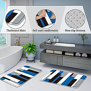 YOKYHOM Bathroom Sets, 3 Pcs Blue Striped Bathroom Shower Curtain Sets with Rugs, Incl 71'' x 71'' Polyester Shower Curtain with 12 Hooks, 2 Pcs 30'' x 18'' Non Slip Bath Mats