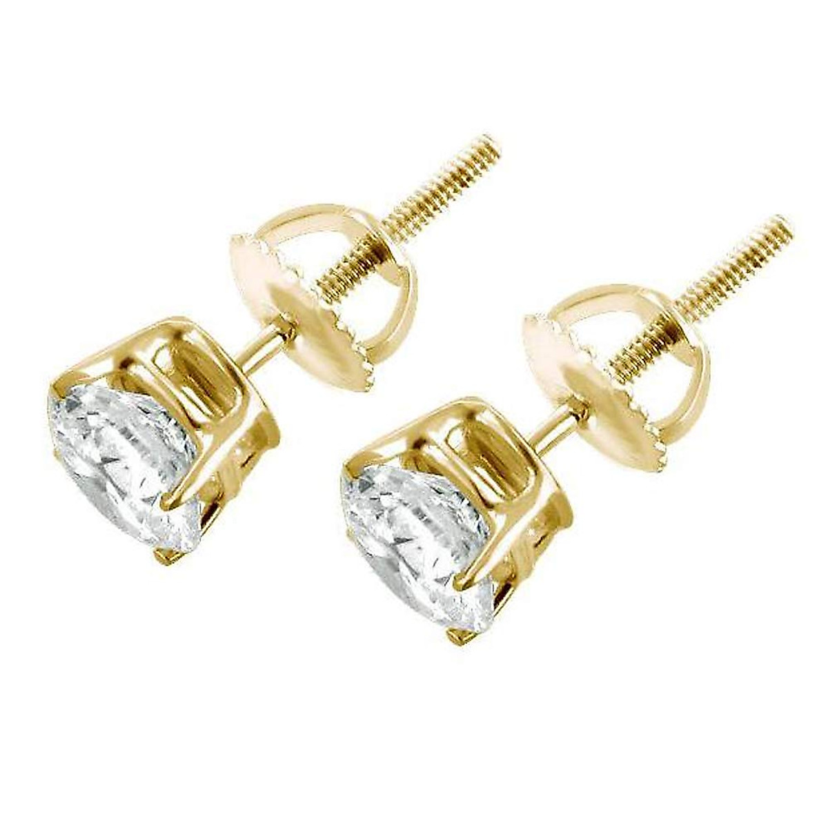 14k Yellow Gold 1 Ct T.W. Round-Cut Natural Certified Diamond Studs 4-Prong Women's Earrings With Screw Backs