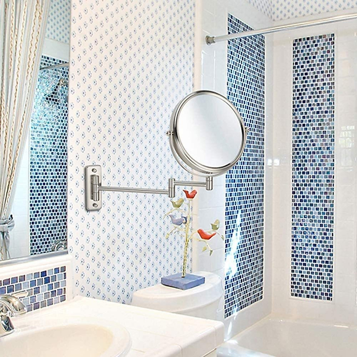 7X Magnifying Lighted Makeup Mirror Wall Mounted Swivel Mirror 6-inch Extending Folding Double Side Cosmetic Bathroom Shaving Mirror Matte Round Chrome Finished Powered by Batteries Vanity Mirror