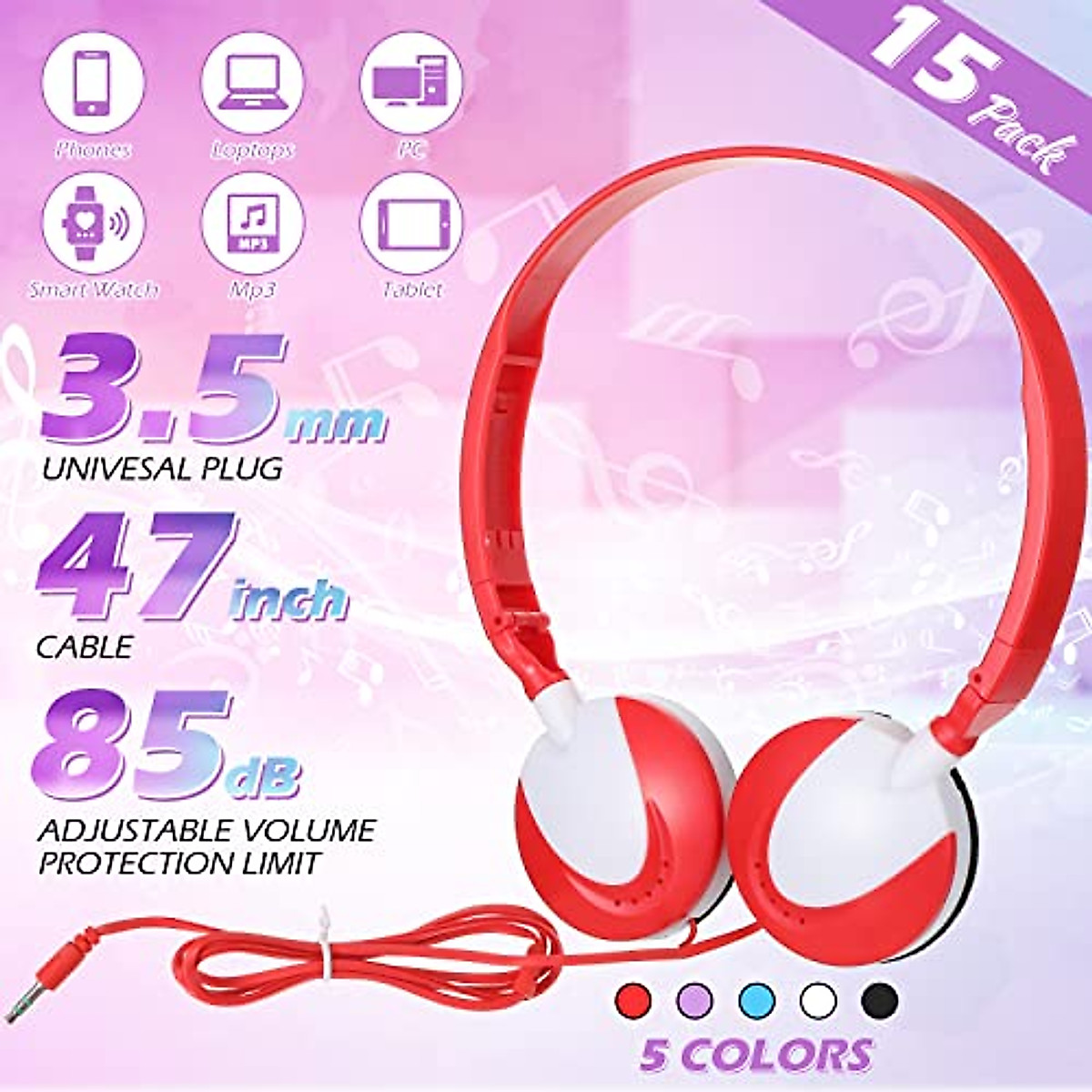 15 Pcs Kids Headphones Bulk for School,Comfort Headphones Wired, Ear Headset Foldable Stereo Headphones for Student/Kids/Teens/Adults