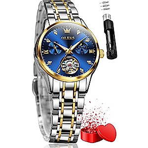 OLEVS Women Automatic Wrsit Watches Luxury Stainless Steel Gold and Silver Small Wrist Mechanical Moon Phase Blue Waterproof Ladies Watches