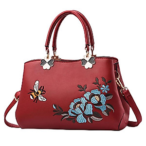 Women's PU Elegant Shoulder Bags Wild Handbags Satchel Embroidery Bee Flower Crossbody Purse (Red rose)