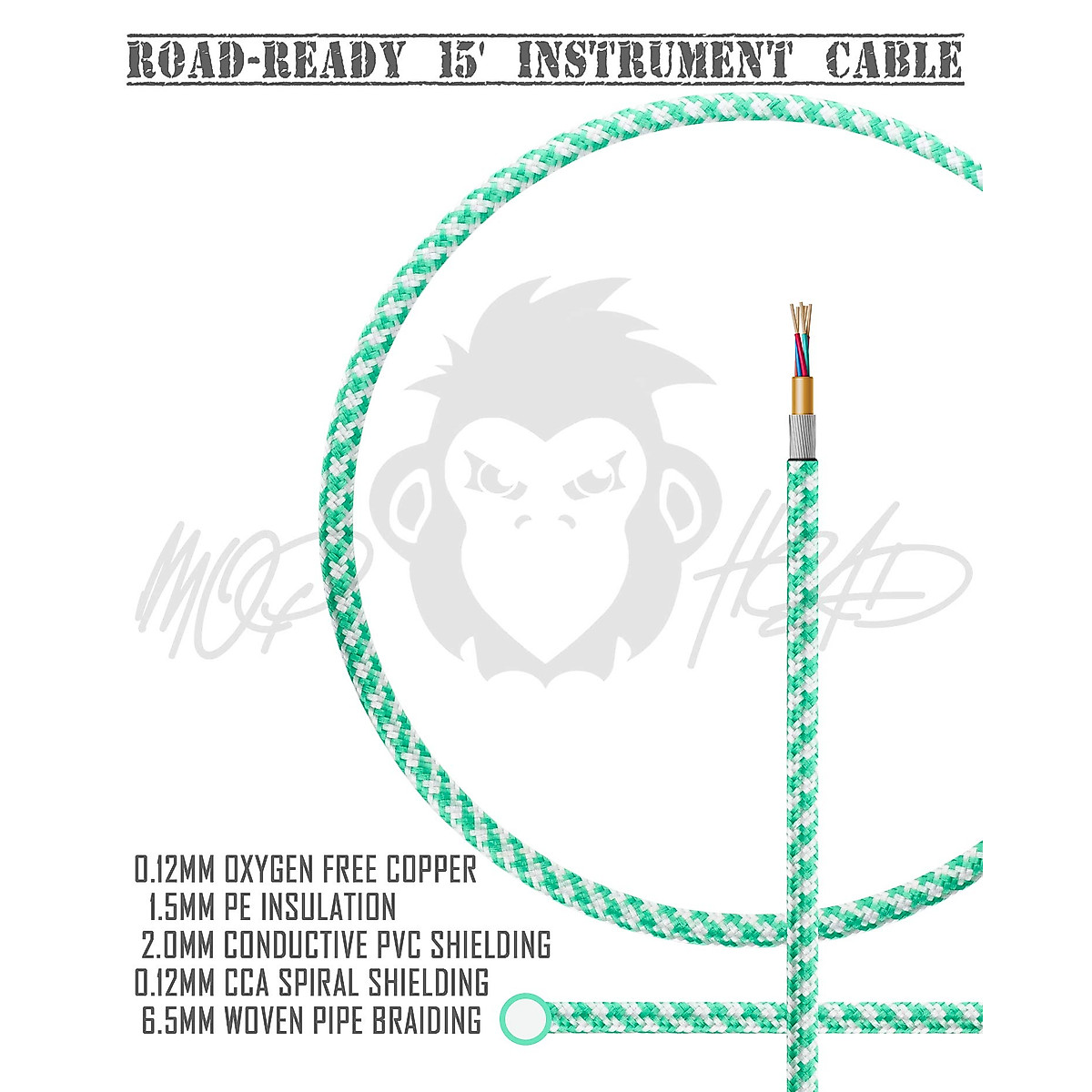 Mophead 15-Foot Guitar Instrument Cable - 1/4 Inch TS to 1/4 Inch TS Right Angle Pro Grade Double Insulated Tweed Braided for Electric Guitar, Bass, Amp, Keyboard (Green and White)
