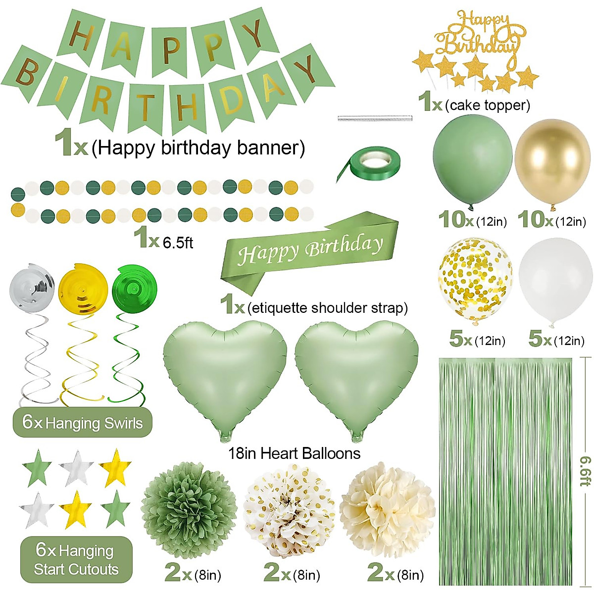 Torerun Upgraded Sage Green Birthday Party Decorations Olive Green and Gold Balloons with Happy Birthday Banner Sash,Cake Topper,Fringe Curtain,Star Hanging Swirls for Women or Girls
