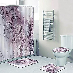 4pcs Marble Shower Curtain Bathroom Set, Abstract Marble Pattern Bathtub Accessory Kit with Bath Rugs Non-Slip Mat Toilet Seat Cover, Luxury Complete Wet Room Decor (Purple)