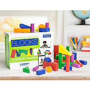 Stages Learning Materials Language Builder Block Imitation Kit Curriculum for Autism & Preschool 120 Pretend Play Flashcards, 40 Wood Blocks, iPad App