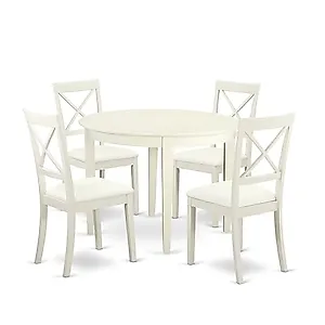 East West Furniture BOST5-LWH-LC 5 Piece Dining Set Includes a Round Dinner Table and 4 Faux Leather Kitchen Dining Chairs, 42x42 Inch, Linen White
