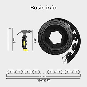 GROWNEER 4 in Tall, 33FT No-Dig Landscape Edging Plastic Landscape Edging Kit with 30 Spikes, 1PC Hammer, Garden Edging Border, Landscape Edging for Garden, Flower Beds, and Lawn (Black)