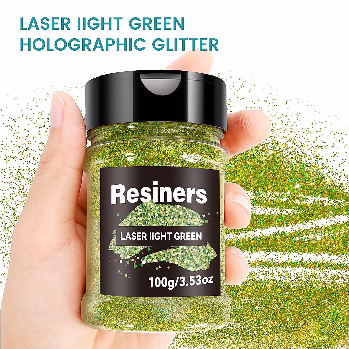 Resiners Holographic Ultra Fine Glitter Powder - 3.53oz/100g, 1/128" Metallic Epoxy Resin Glitter Sequins Flakes for Tumblers,Slime, Nails, Paint, Art Crafts - Laser Light Green