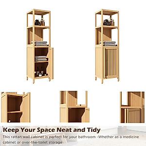 VISTACASA Natural Bamboo Towel Storage Cabinet, 4-Shelf Tall Bathroom Cabinet with Door and Bathroom Towel Shelf,Narrow Linen Tower for Bathroom, Kitchen, Living Room, Hallway,Dining Room