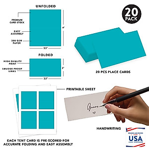 Andaz Press Table Tent Printable Place Cards, Aqua 20-Pack Seat Placement Cards Blank Place Cards Table Settings Name Cards for Baby Bridal Wedding Shower School Graduation Food Cards Blue Place Cards