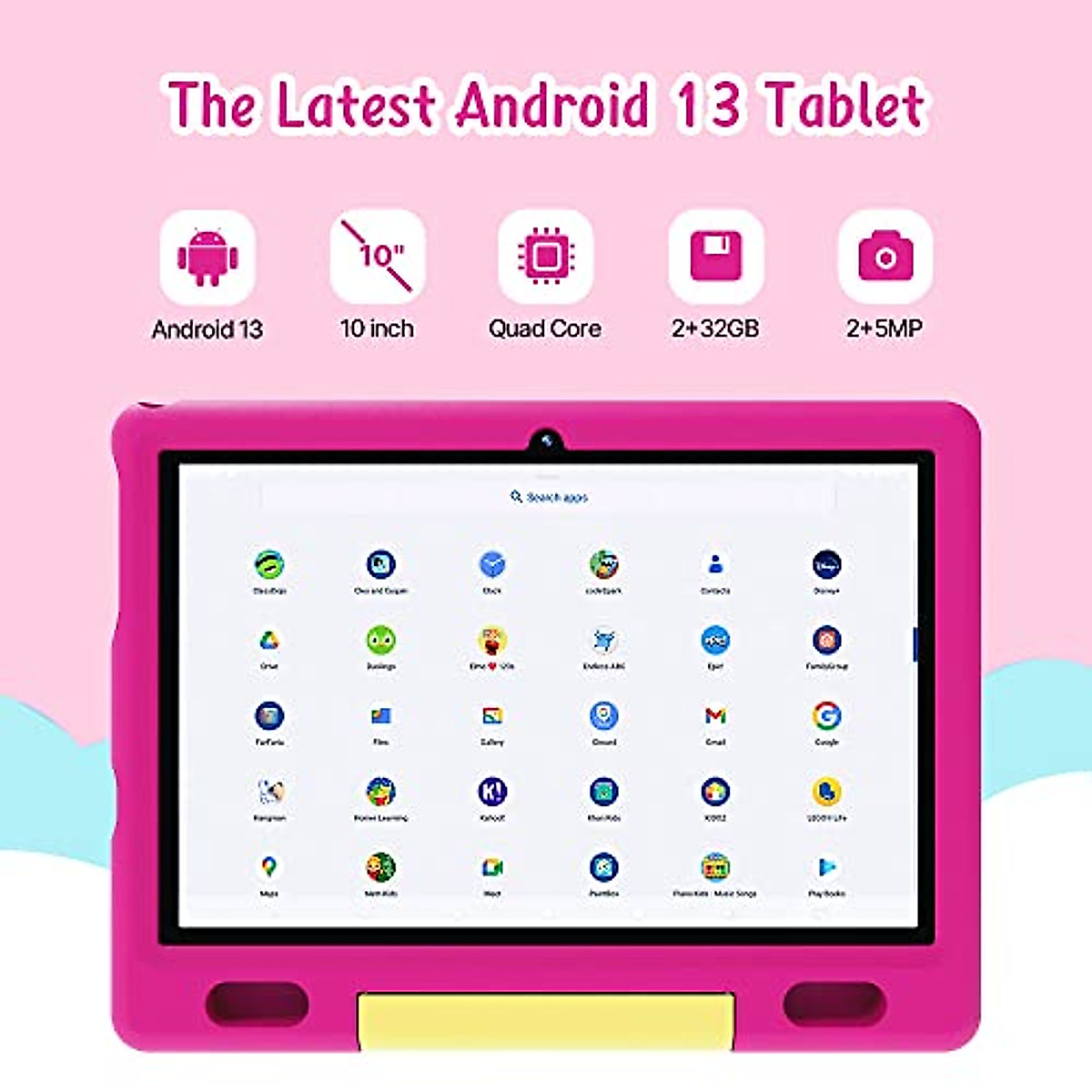 ApoloSign Kids Tablet, 10.1 Inch Android 13 Tablet for Kids, 32GB ROM with 1280 * 800 HD Screen, WiFi, Bluetooth, 5000mAh Battery, Parental Control APP, Educational Games, and Shockproof Case(Pink)