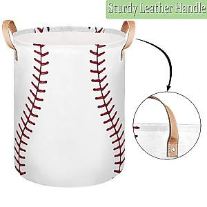 Large Laundry Basket Baseball Texture Laundry Hamper with Leather Handle, Sport Baseball Collapsible Organizer Basket Freestanding Tall Clothes Hamper for Bathroom Bedroom Living Room