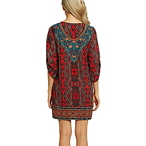 Women Bohemian Neck Tie Vintage Printed Ethnic Style Summer Shift Dress (2XL, Pattern 15)