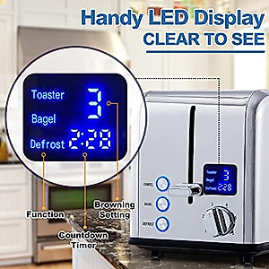 Toaster 2 Slice, CUSIMAX Stainless Steel Toaster with Large LED Display, Bread Toaster 1.5'' Extra-wide Slots with 6 Browning Settings, Cancel/Bagel/Defrost Function, Removable Crumb Tray, Silver