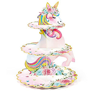 3 Tier Unicorn Cupcake Stand Party Decorations Rainbow Unicorn Birthday Cupcake Holder Unicorn Theme Dessert Tower for Kids Unicorn Party Baby Shower Wedding Family（Cute Color, Unicorn）