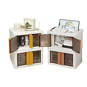 AARAINBOW 4 Pcs Plastic Storage Bins with Lids and Doors, Small Storage Bins Stackable Plastic Storage Boxes Cute, Small Storage Boxes with Lids for Home Dorm Office, 4.2L (S 4 White)