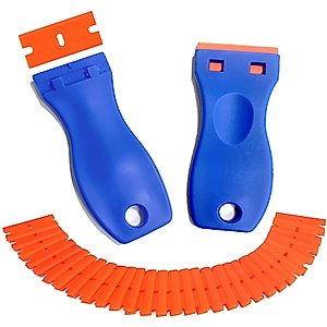 Plastic Blade Scraper, 2PCS Razor Scraper Tool 50PCS Double Edged Blades, Cleaning Scraper Remover for Decals, Stickers, Labels, Caulk, Adhesive, Paint from Car Window and Glass