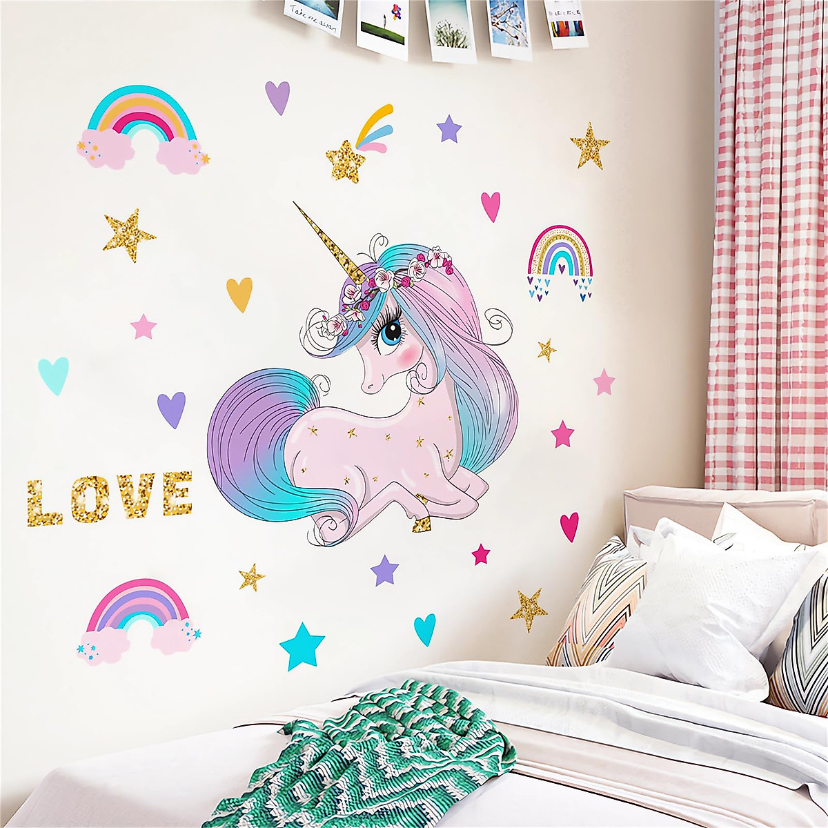 Lovely Pink Unicorn Rainbow Stars Wall Stickers, sacinora Cute Animal DIY Wall Decals Removable Vinyl Peel and Stick for Nursery Kids Baby Living Room Children's Room Bedroom Art Decoration