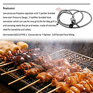 MCAMPAS Low Pressure Propane Regulator Adapter with Tank Gauge Level Indicator .5Feet Y-Splitter Stainless Braided Hose to 3/8" Female Flare Fitting for Most LPG Gas Grill, Heater and Fire Pit Table
