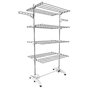 Todeco Laundry Drying Rack, 4 Tier Collapsible Metal Clothes Horses with Two Side Wings, Heavy Duty Clothes Drying Rack Use for Laundry, White