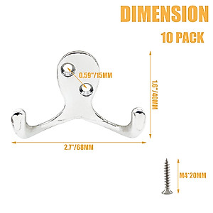 suiwotin 10pcs Coat Hooks, Heavy Duty Wall Hook, Double Prong Robe Hook Wall Mount Hanging Hooks for Closet Clothes, Coat, Bag, Scarf, Towel, Hat, Cap, Key (Chrome)