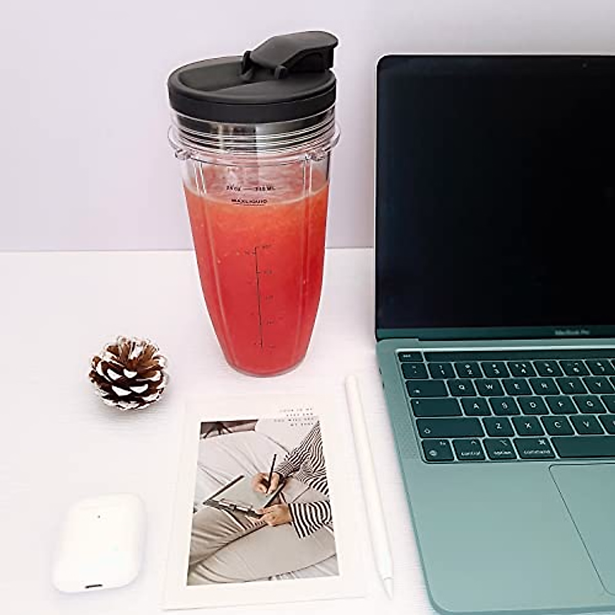 Blender 24 oz Cups with Lids & 6 Fins Female Blade Replacement Parts for Ninja, Extractor Blade for Nutri Ninja Auto iQ BL480D 30 DOB, BL450 69, BL456 70, BL480 70, BL455 30 DOB, BL482 30 DOB