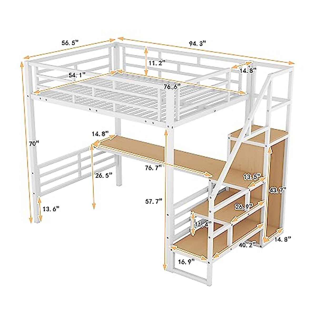 CITYLIGHT Full Size Loft Bed with Staircase and Desk, Metal Loft Bed Frame with Wardrobe and Storage Shelves, Full Loft Bed with Desk for Kids, Teens, Boys & Girls (Full, White)