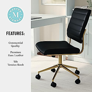 Martha Stewart Ivy Armless Swivel Task Chair for Home Office in Black Faux Leather with Polished Brass Frame