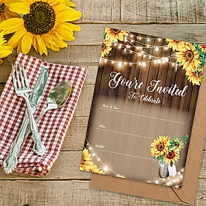 AnyDesign Rustic Sunflower Fill-in Party Invitations, 25 Sets with 25 Envelopes, Suitable for Birthday, Baby Shower, Wedding, Bridal Shower, Rehearsal Dinner, Anniversary, etc.