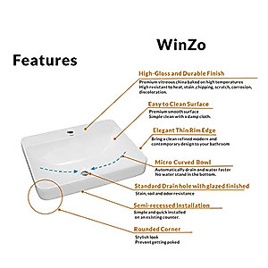 WinZo WZ6123D Drop-in Bathroom Vessel Sink Rectangular Semi-recessed Vanity Basin Included Porcelain Pop Up Drain White