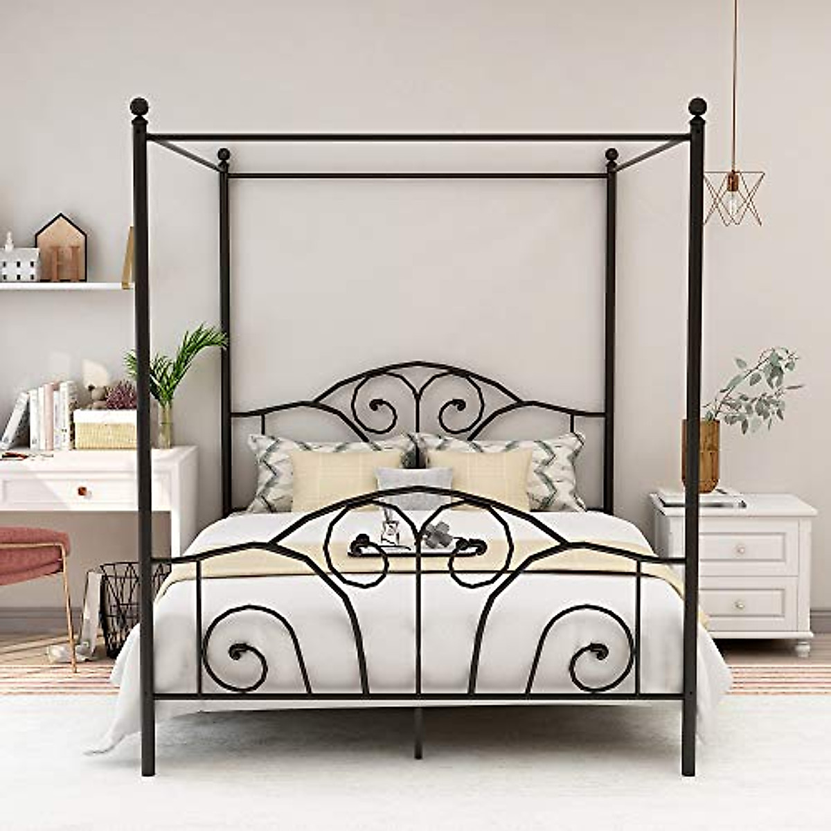 RYR Queen Size Canopy Bed Frame Four Poster Metal Platform Bed with Headboard Footboard, No Box Spring Needed Black