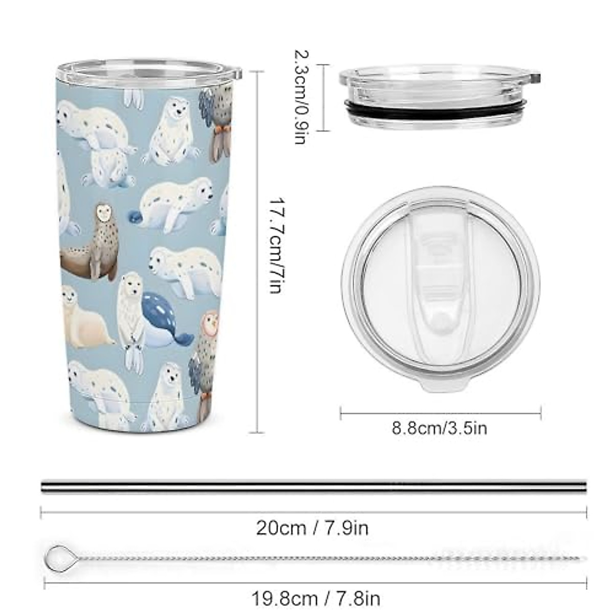 KIOWEIR Cute Seal Big White Bear Owl Stainless Steel Tumbler 20oz With Lid And Straw, Insulated Tumblers Coffee Cup, Travel Mug for Ice Drink & Hot Beverage for Women Men Boys Girls