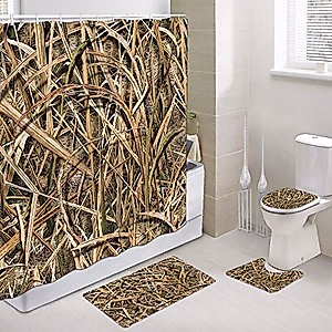 JAWO Hunting Camo Shower Curtain and Bath Mat Set 69x70 Inch, Mossy and Oak Shadow Grass Blades, Countryside Rural Hunting Bathroom Mat Set with Contour Toilet Mat, Mat and Toilet Lid Cover