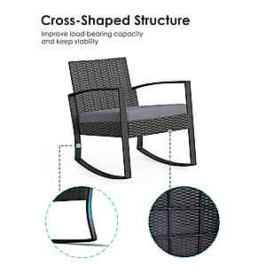 3 Pieces Wicker Patio Furniture Set, Modern Rocking Conversation Set with Coffee Table, Outdoor Rattan Patio Chairs Bistro Set for Balcony Porch Garden Yard Poolside, Grey