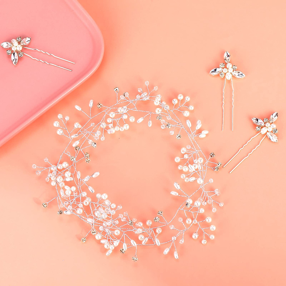 Nljihkure Bride Wedding Crystal Hair Vine Hair Accessories Extra Long Pearl and Beads Bridal Hair Vine Headband Head Pieces for Women and Girls (Silver)