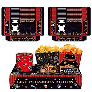 Plorbach Movie Night Snack Trays, 20-Pack, Black, Red, Gold, Disposable, Cardboard, Ideal for Popcorn, Candy, Drink, Movie Night Supplies